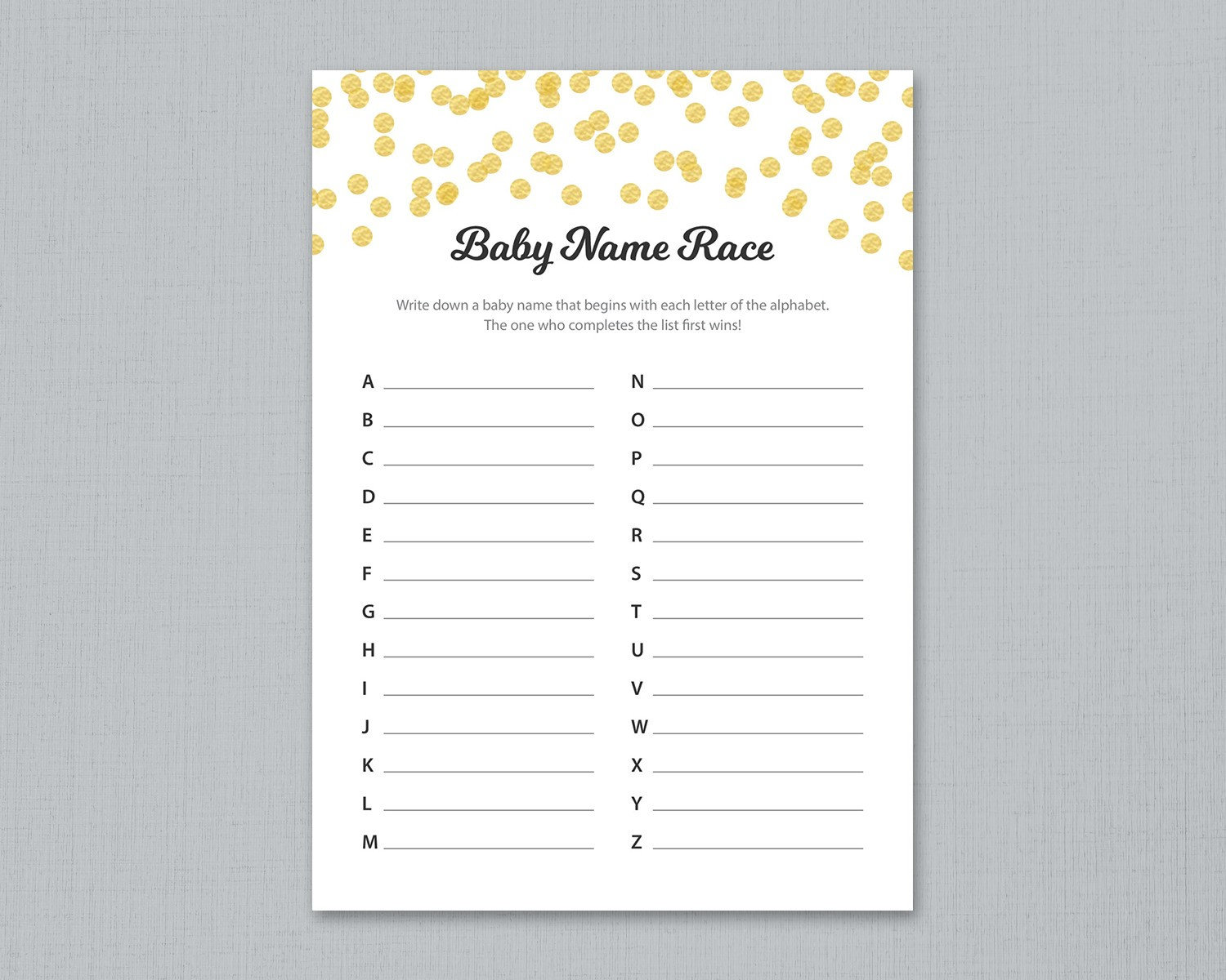 Baby Name Race Game Printable, Gold Confetti Baby Shower Games ...