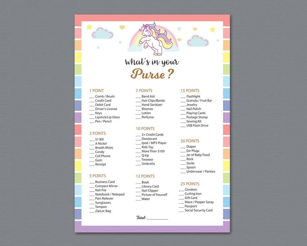 Rainbow Whats in Your Purse, Baby Shower Games Printable, Unicorn Horse ...