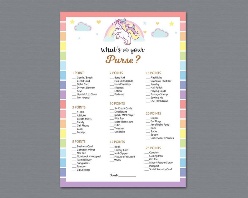 Rainbow Whats in Your Purse, Baby Shower Games Printable, Unicorn Horse ...