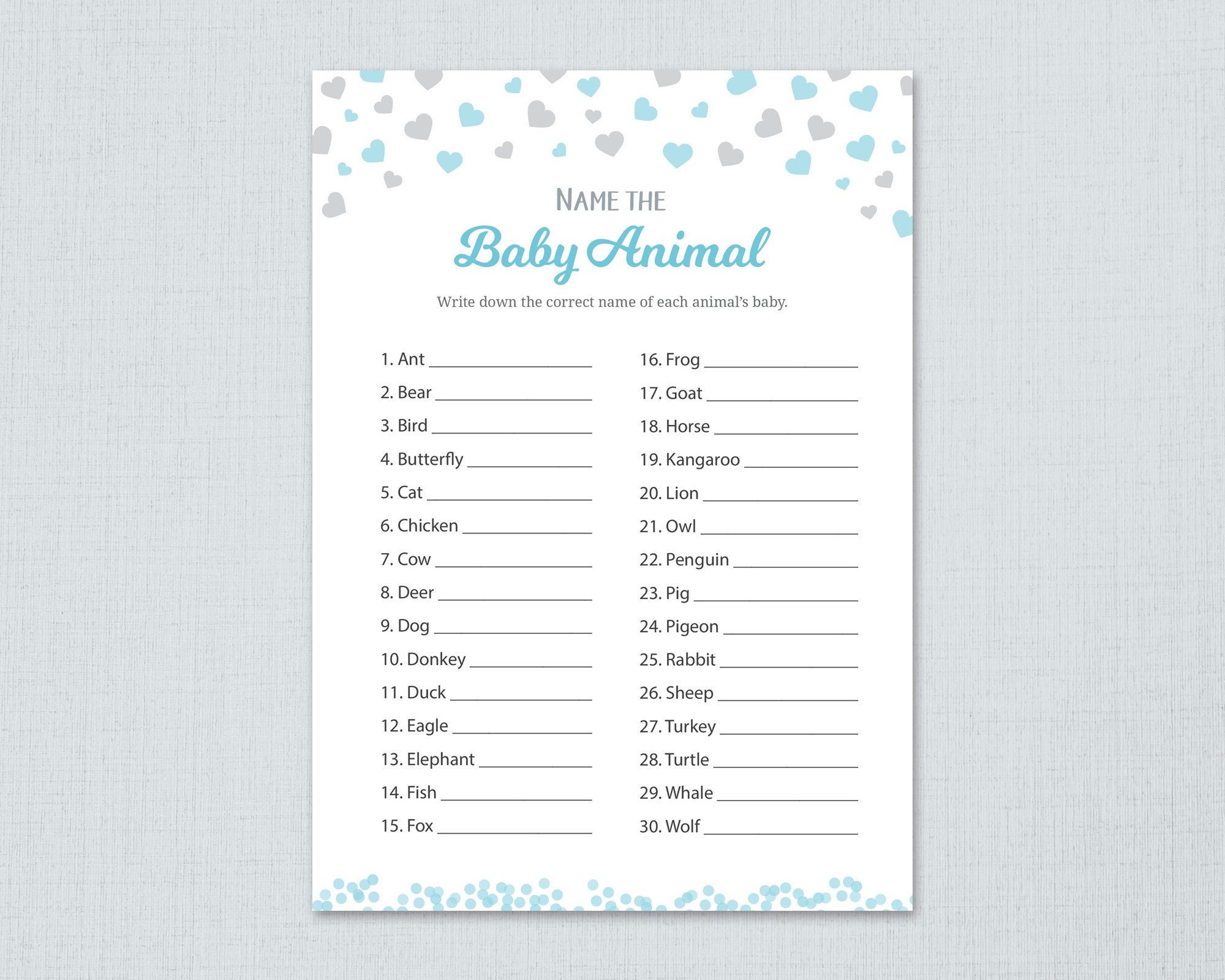 Name the Baby Animal, Silver Blue Hearts, Baby Shower Games Printable ...