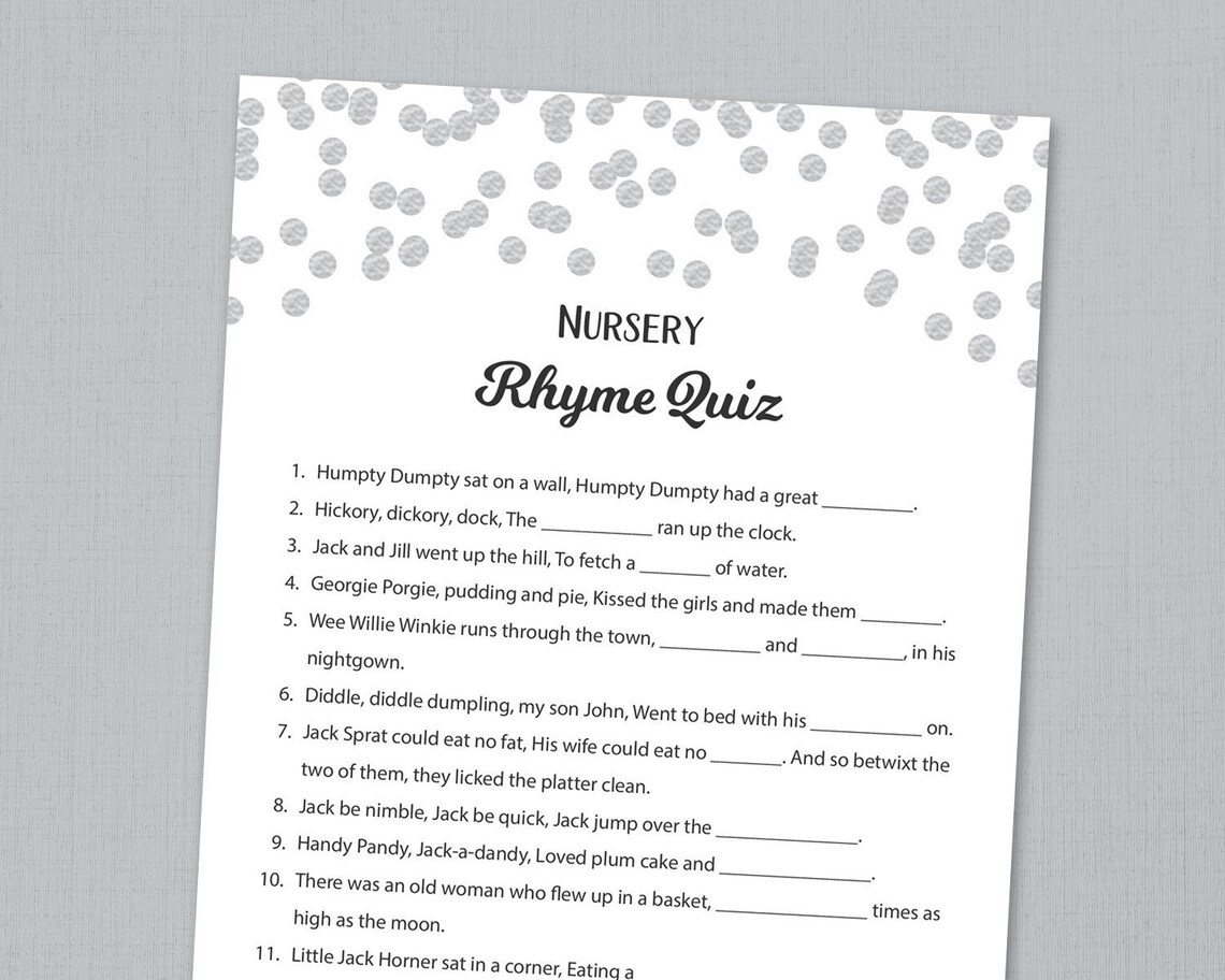 Baby Shower Nursery Rhyme Quiz Game Printable, Silver Confetti, DIY ...