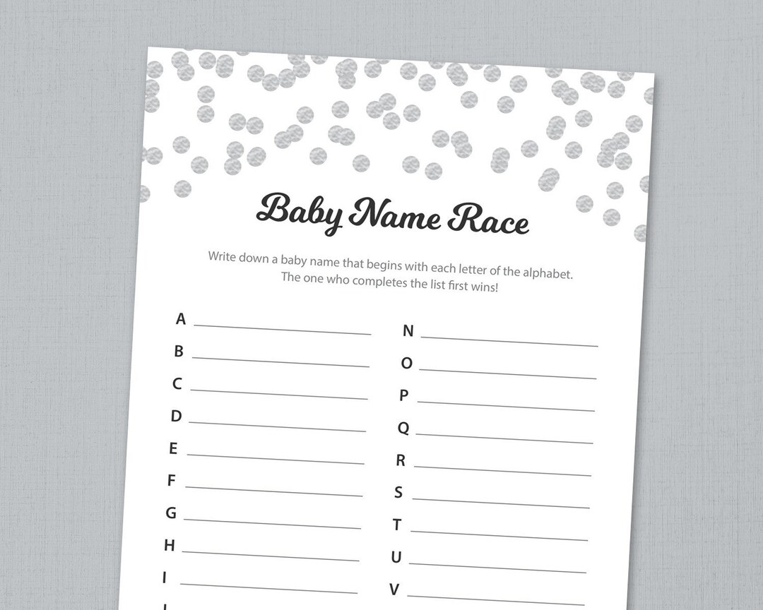 Baby Name Race Game Printable, Silver Confetti Baby Shower Games ...
