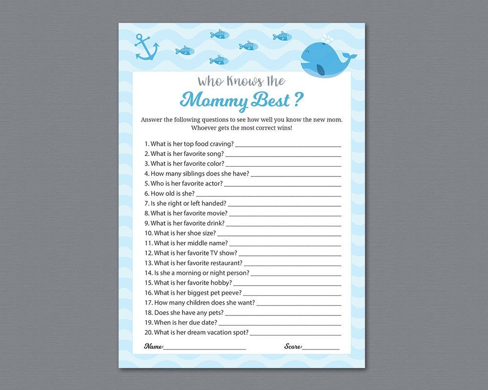 Whale Themed Who Knows Mommy Best, Boy Baby Shower Games, Cards ...