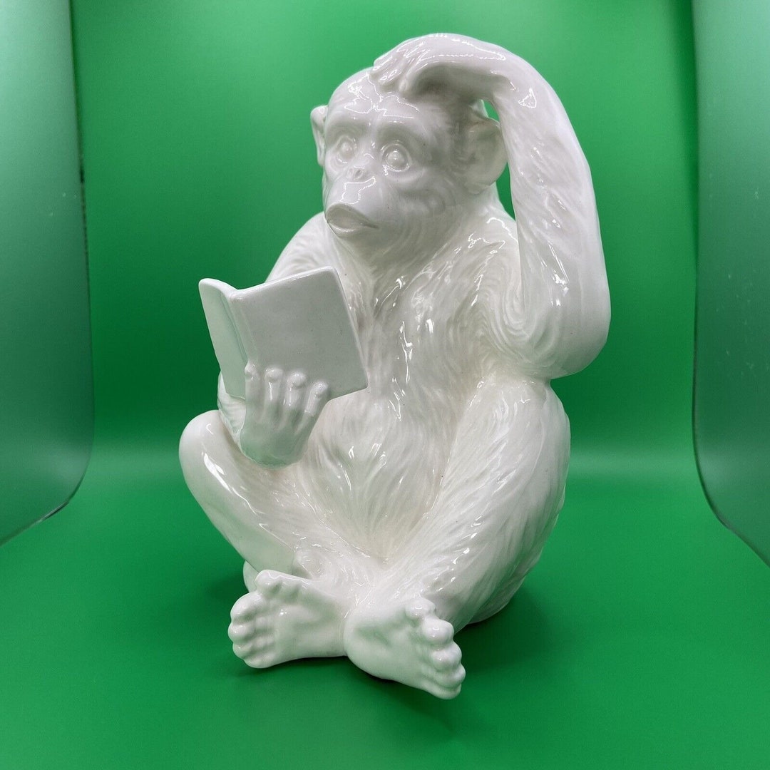 Vtg 70s Fitz & Floyd FF 7” Monkey Business Reading Book Bookend Statue ...