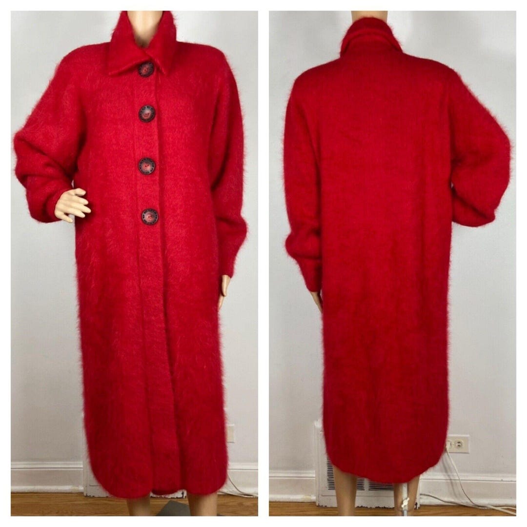 Vtg Venesha 80% Angora Fuzzy Sweater Coat Sz M Button Snaps Long Jacket ...