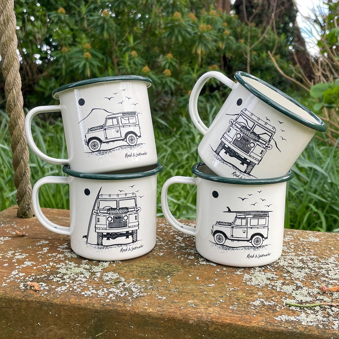 Set of 4 Land Rover Beach and Mountain Scape Cream and Green Enamel ...