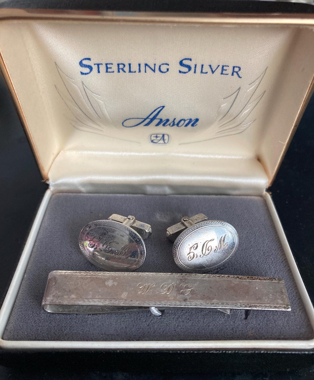 Vintage Anson Engraved Sterling Silver Cuff Links and Tie Bar Set in ...