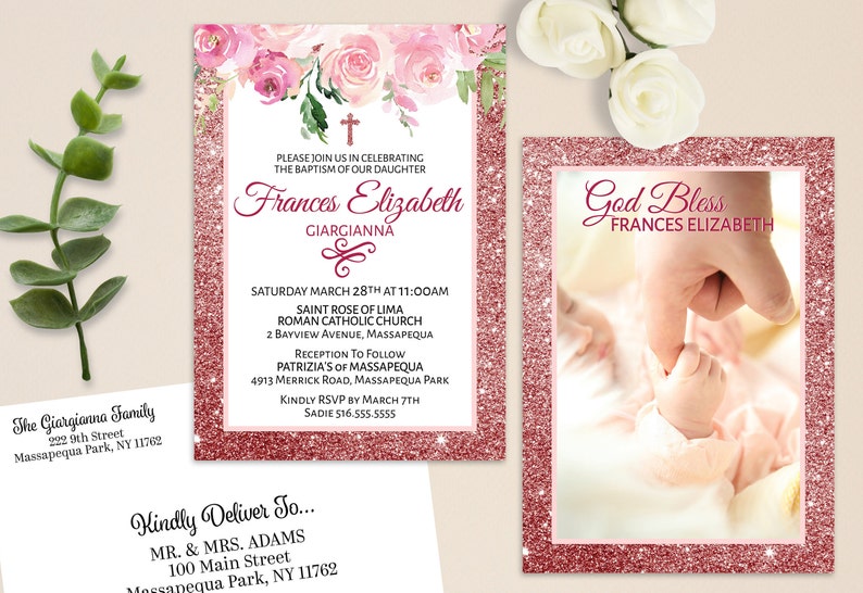 Girls Christening Invitation | Pink Floral | Sparkle | Printed or ...