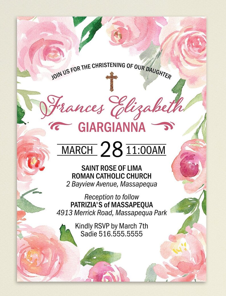Pink Floral Baptism Invitation Glitter Invitation Printed | Etsy