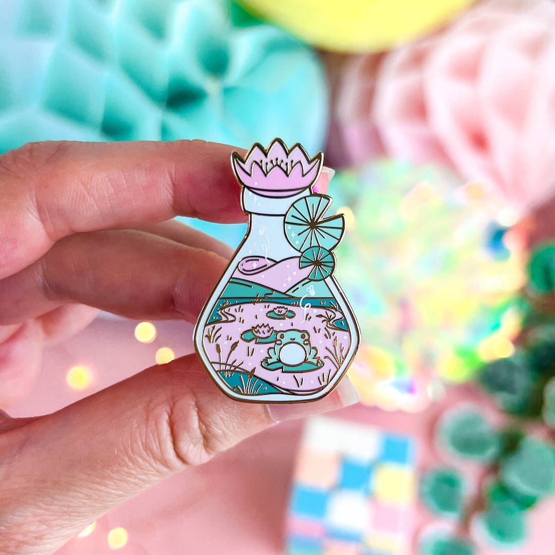 Bottled Frog Enamel Pin · UV Glow Frog Jar Pin Badge · Gold-plated ...