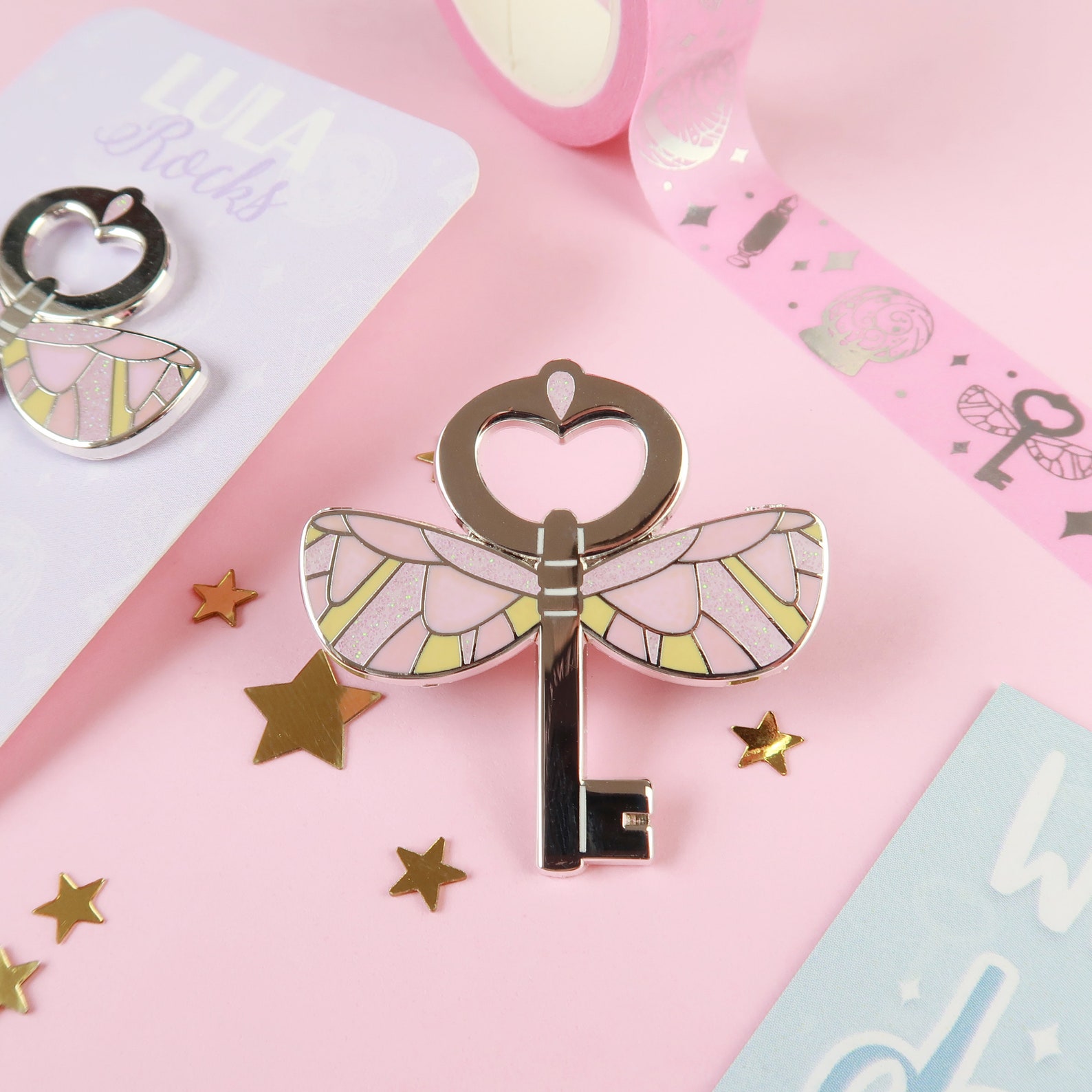 Pink Winged Key Enamel Pin · Glitter Fairy Key Pin Badge · Silver ...