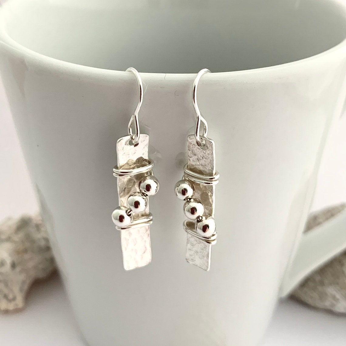 925 Sterling Silver Hammered Rectangle Dangle Bar Earrings, Wire ...
