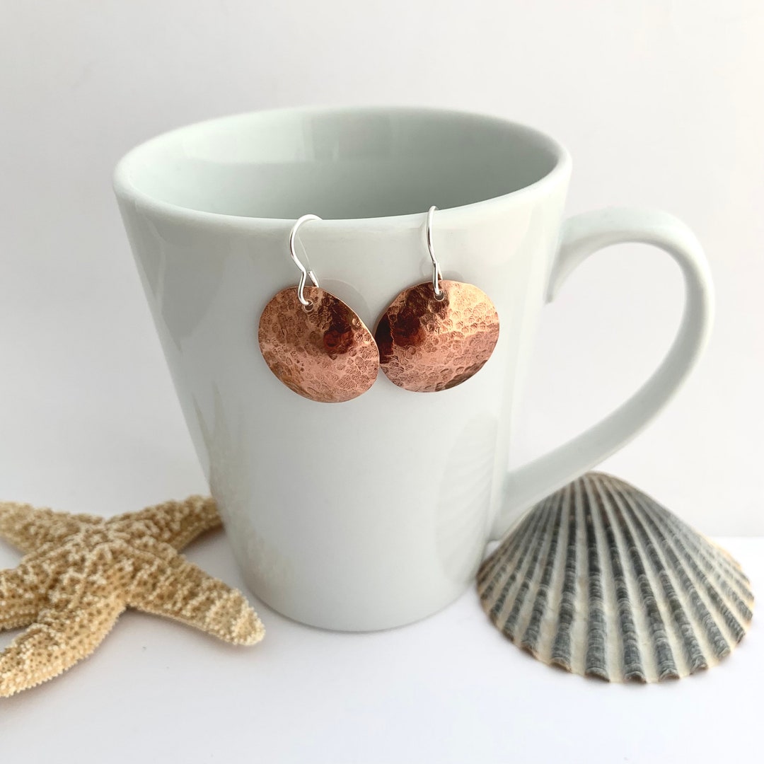 Hammered Copper Convex Disc Dangle Earrings, Minimalist Handmade Rustic ...