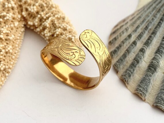 Brass Patterned Open Ring Adjustable Textured Wrap Around - Etsy