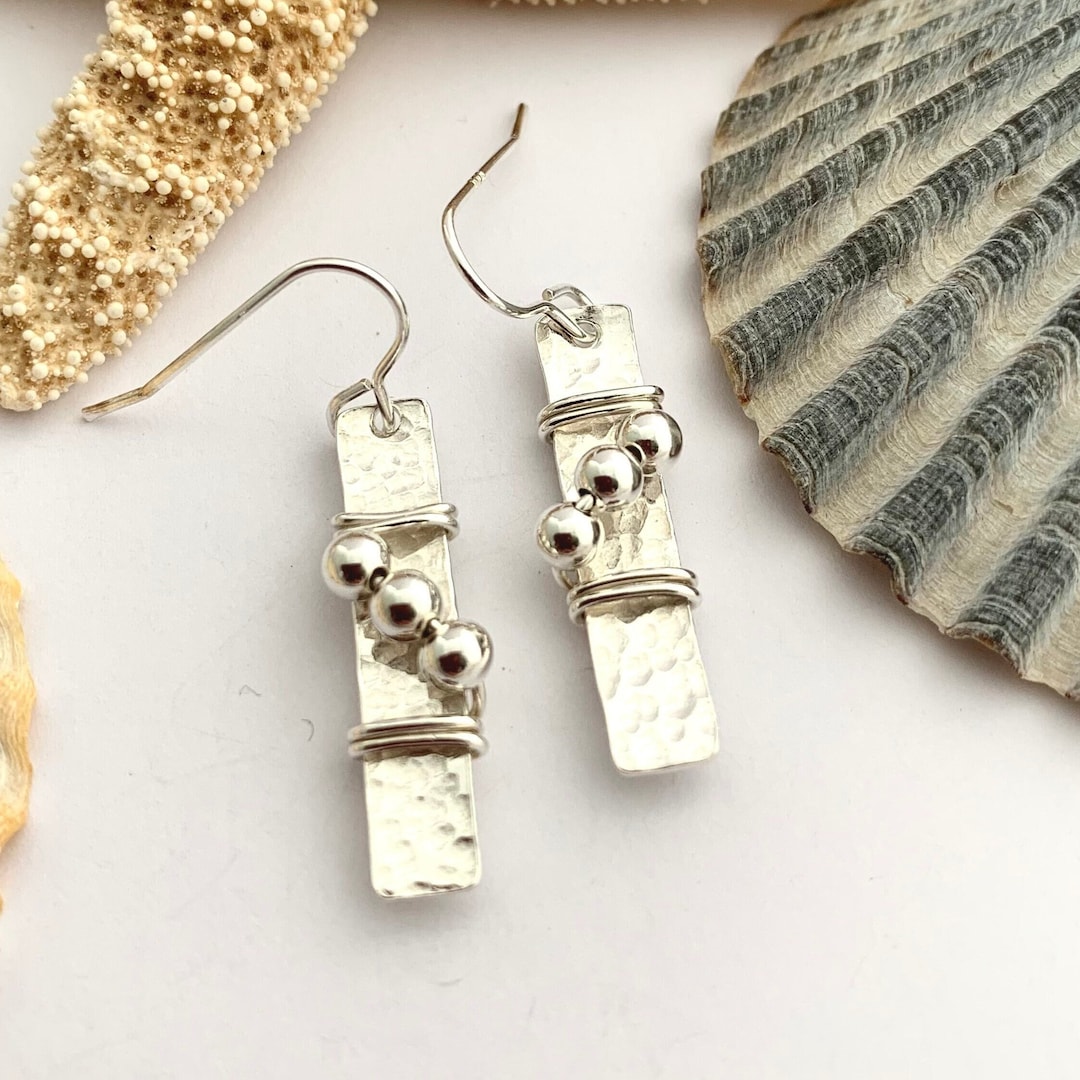 925 Sterling Silver Hammered Rectangle Dangle Bar Earrings, Wire ...