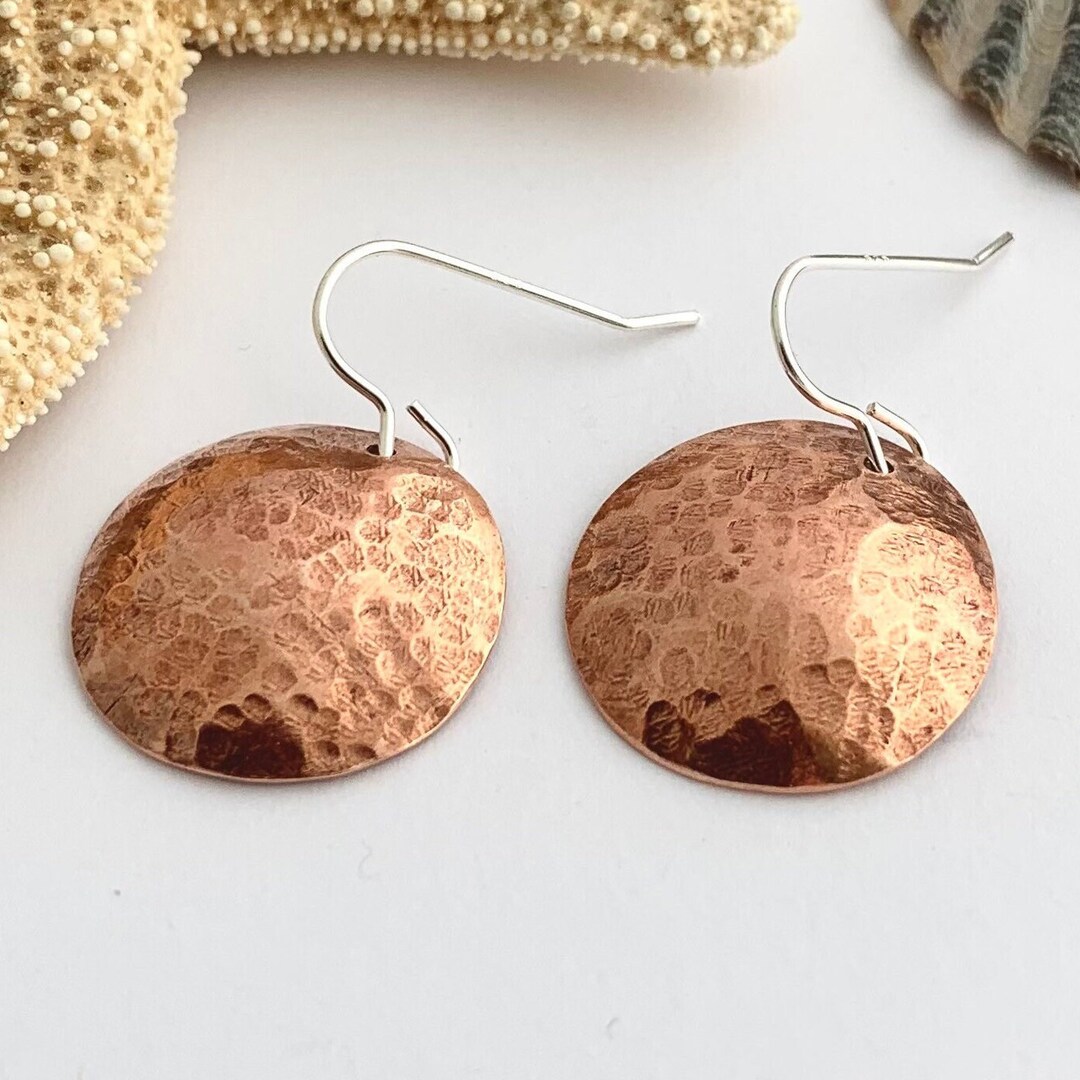 Hammered Copper Convex Disc Dangle Earrings, Minimalist Handmade Rustic ...