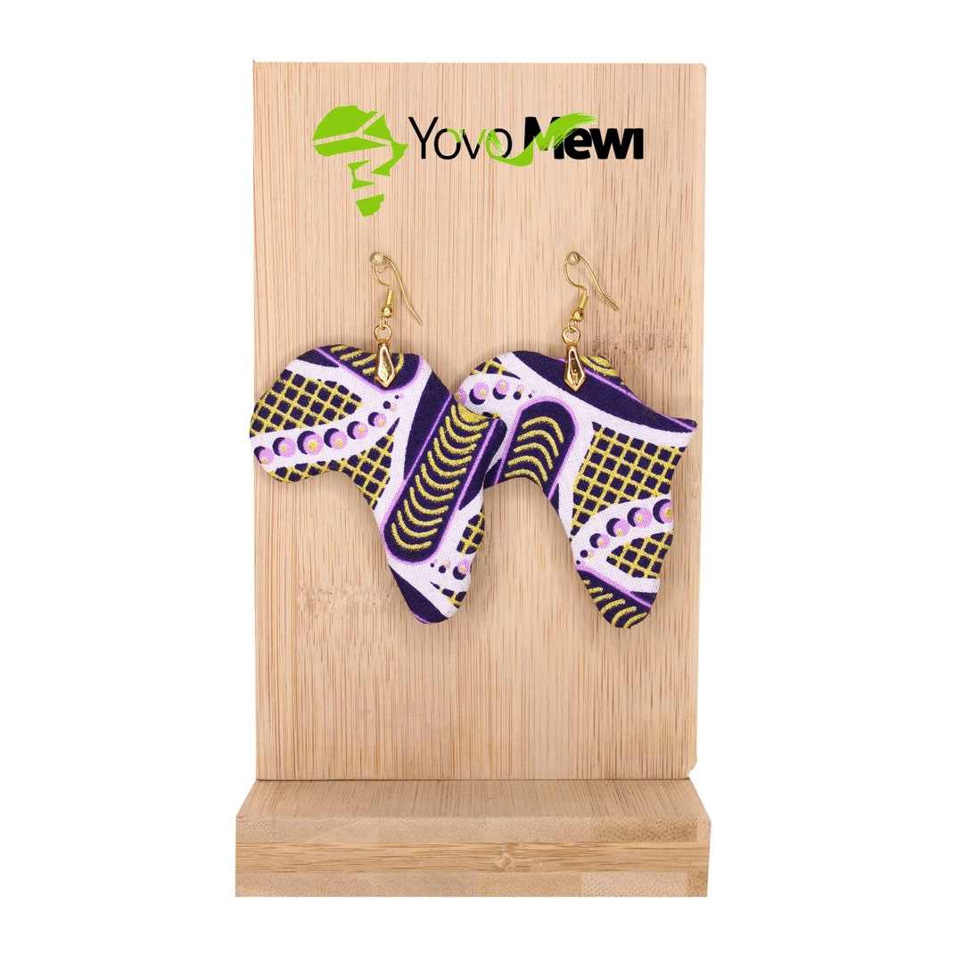 Africa Map Earrings in Wax Fabric, African Continent Shape in Purple ...