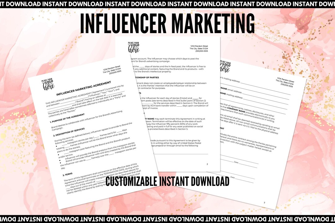 Influencer Marketing Agreement | Easy to Customize | Instant Download ...