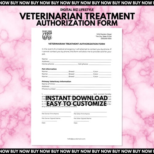 Veterinarian Treatment Authorization Form Pet Sitting Easy - Etsy UK