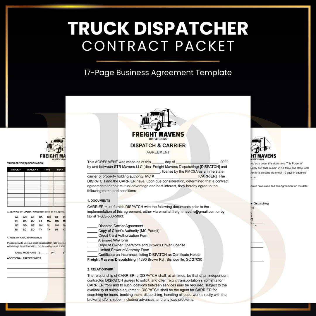 Truck Dispatcher Contract Packet Template | 17-page Freight Dispatch ...