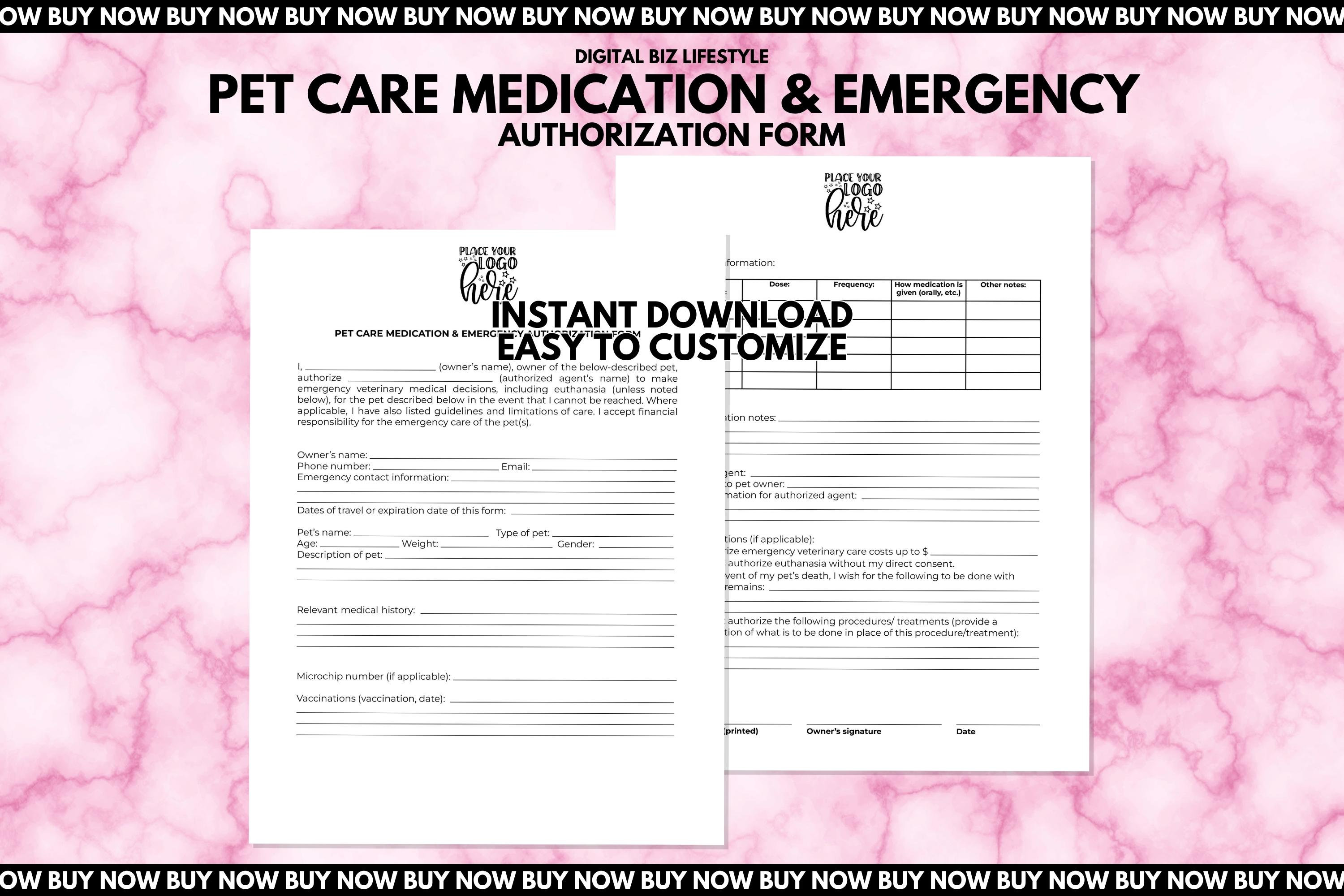 Pet Care Medication & Emergency Authorization Form | Pet Sitting | Easy ...