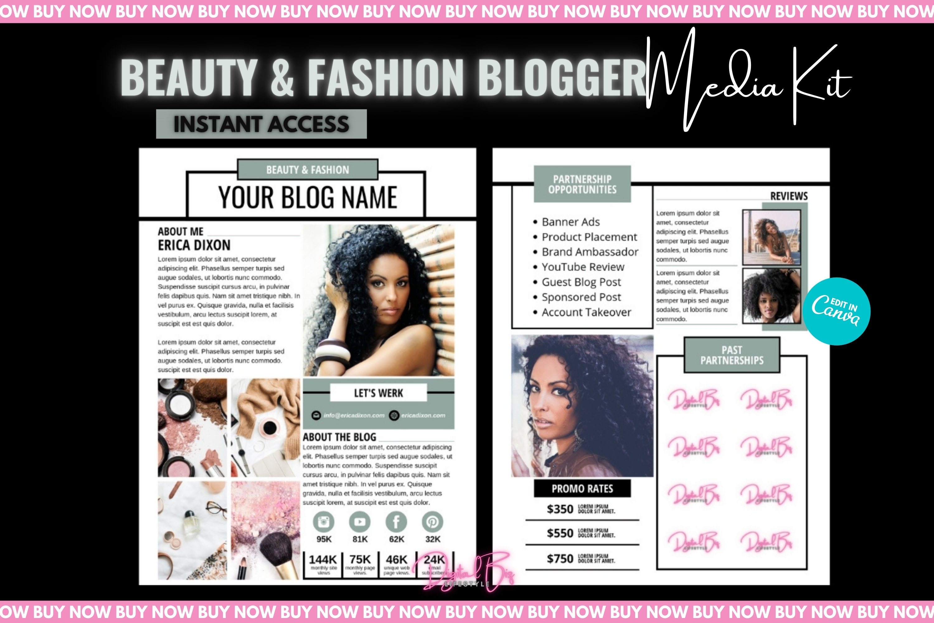 2 Page Beauty & Fashion Media Kit Template for Influencers and Bloggers ...