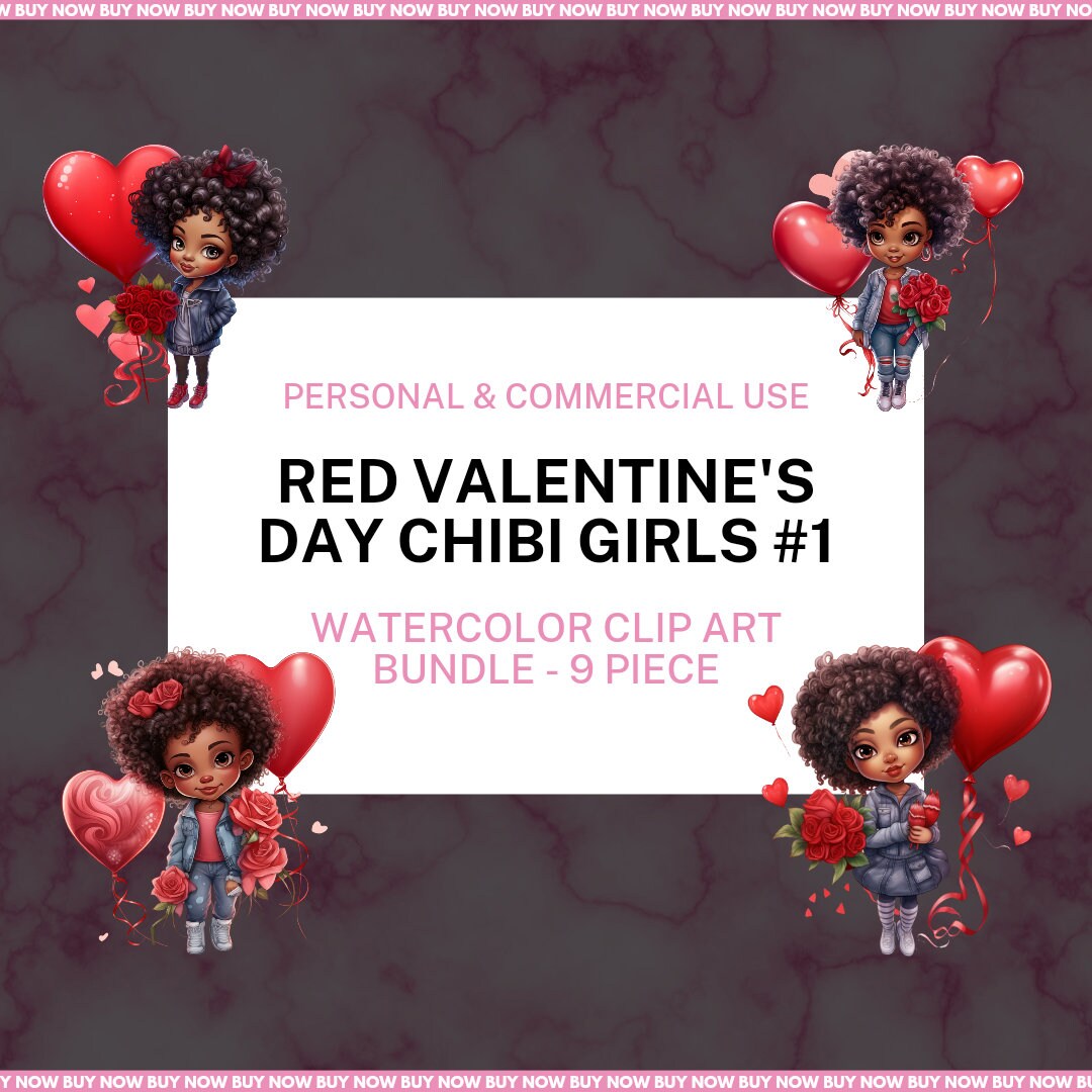 Red Valentine's Day Chibi Girls #1 Watercolor Clip Art Bundle | 9 ...
