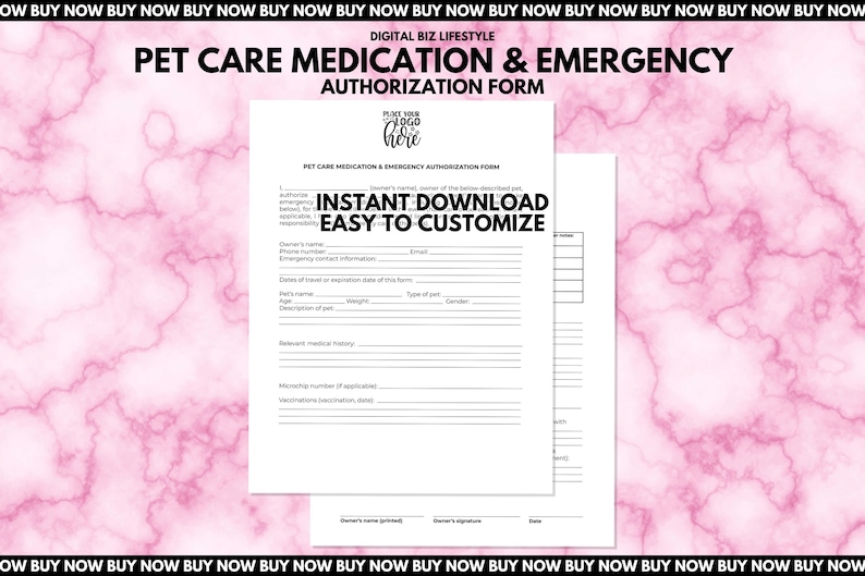 Pet Care Medication & Emergency Authorization Form | Pet Sitting | Easy ...