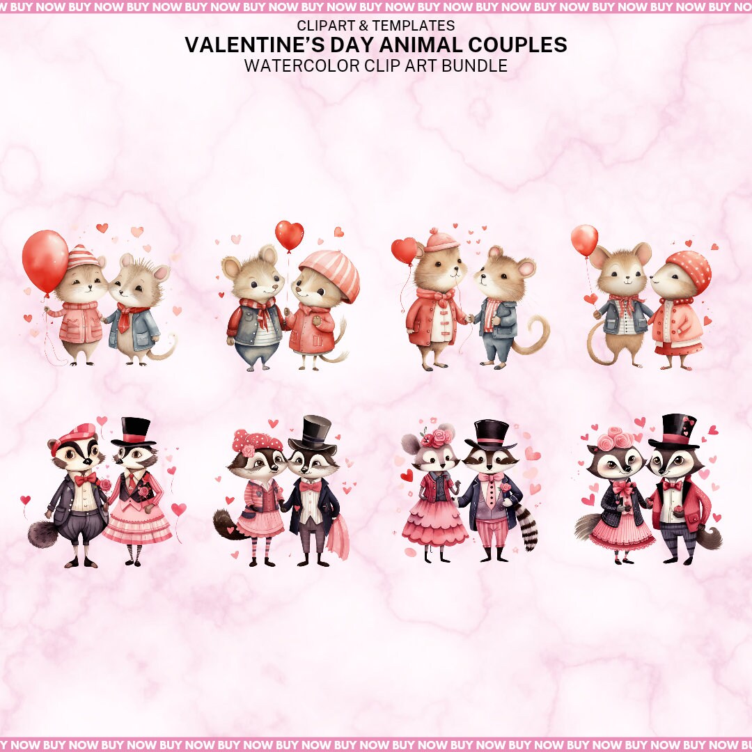 Valentine's Day Animal Couples Watercolor Clip Art Bundle | 16 Pieces ...
