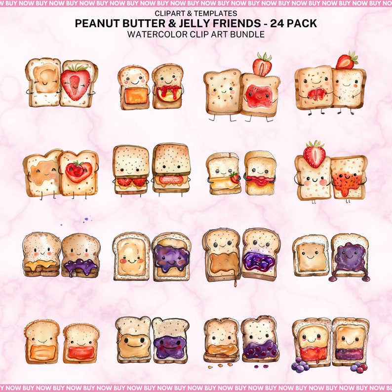 Peanut Butter and Jelly Friends Watercolor Clip Art Bundle | 24 Pieces ...