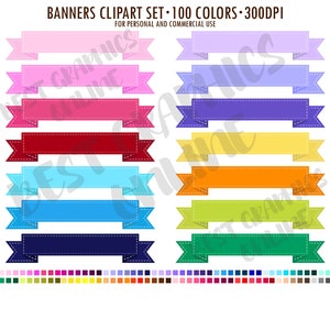 100 Banners Clipart Set, Rainbow Ribbon Banner Clipart, Rainbow Banners ...