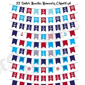 Nautical Bunting Banners Clipart, Sailor Banner Clipart Set, Party ...
