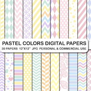 30 Pastel Rainbow Colors Digital Papers, Light Colors Pattern Papers ...