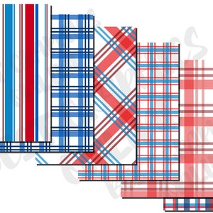 Red White and Blue Plaid Digital Papers, USA Patriotic Plaid Digital ...