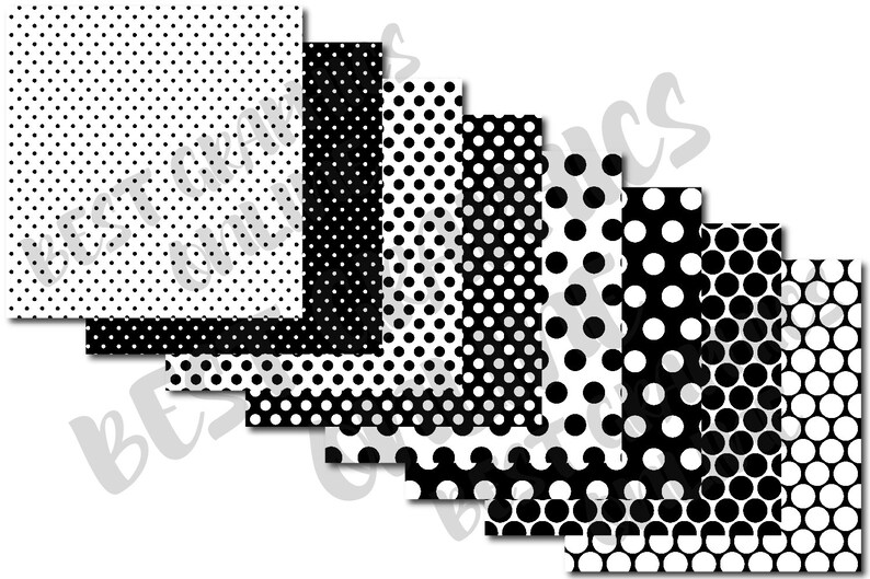 Black Polka Dot Digital Papers, Polka Dot Pattern Paper Pack, Black and ...