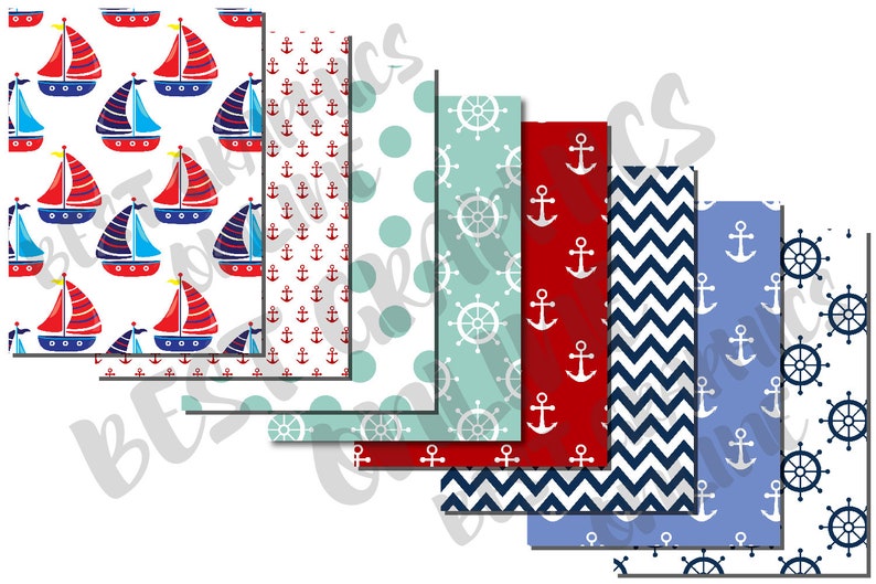 Nautical Digital Paper, Ahoy Sailboat Digital Papers Set, Nautical ...
