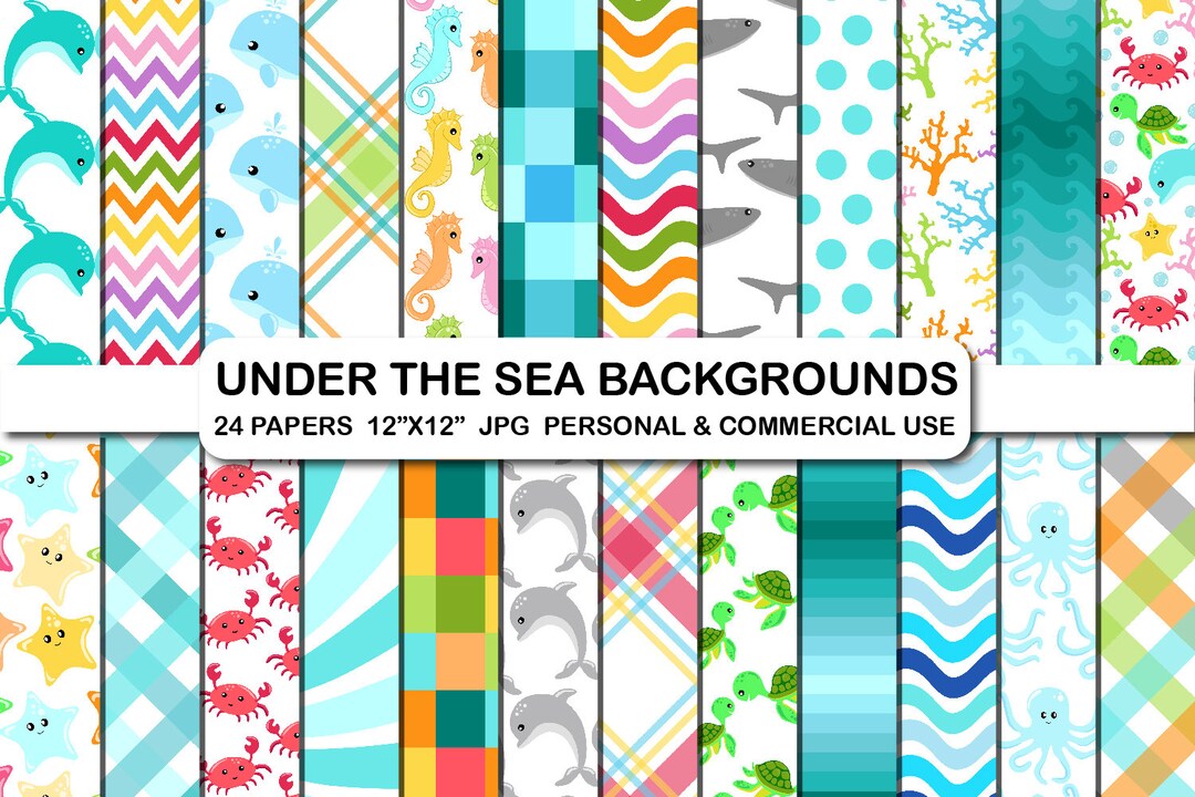 Under the Sea Backgrounds, Sea Animals Digital Papers Pack, Shark Whale ...