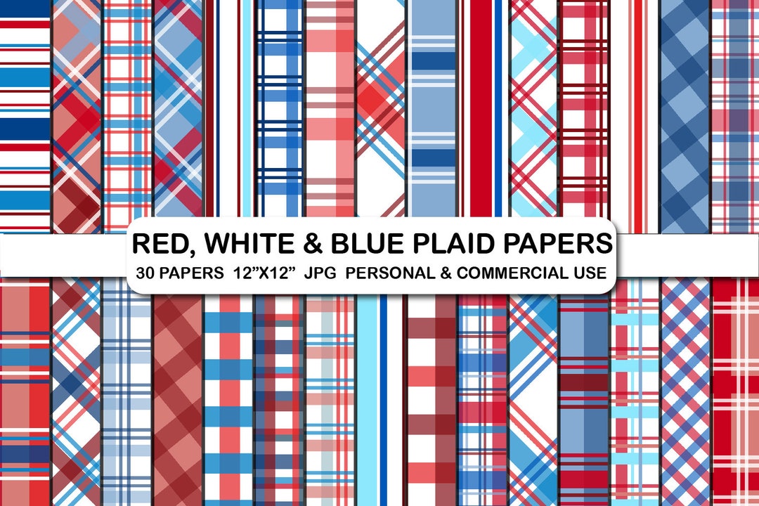 Red White and Blue Plaid Digital Papers, USA Patriotic Plaid Digital ...