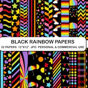 Black Rainbow Digital Paper, Rainbow Star Background Pattern Papers ...