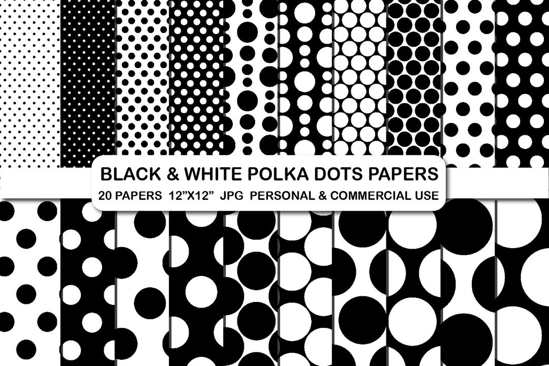 Black Polka Dot Digital Papers, Polka Dot Pattern Paper Pack, Black and ...