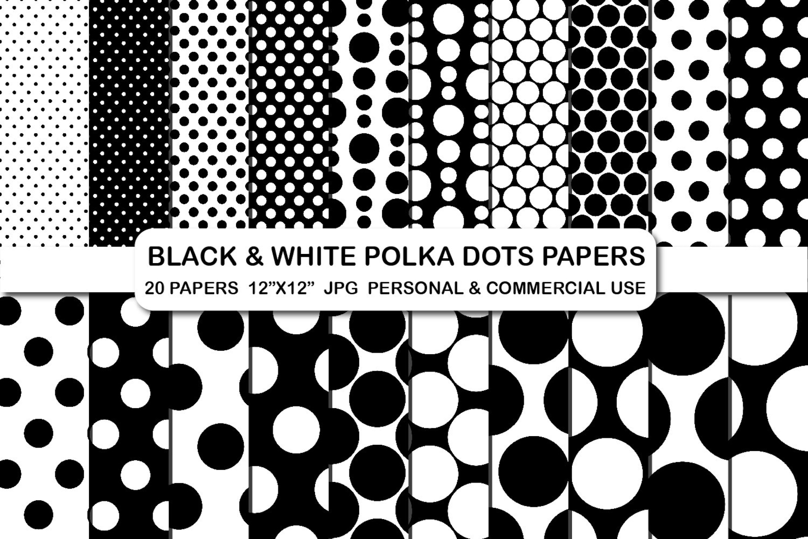 Black Polka Dot Digital Papers, Polka Dot Pattern Paper Pack, Black and ...