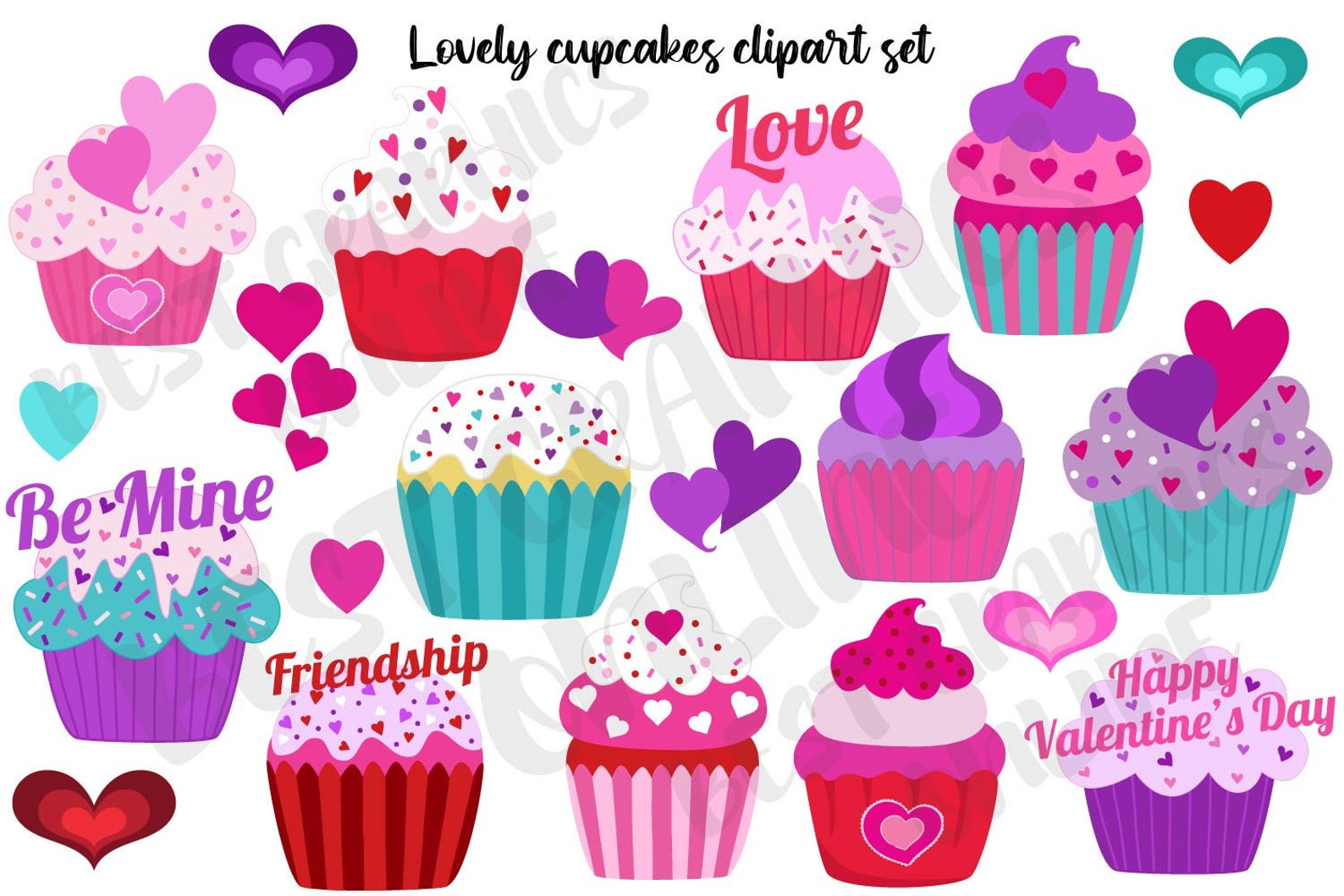 Lovely cupcakes clipart set Valentines cupcakes clipart Love | Etsy