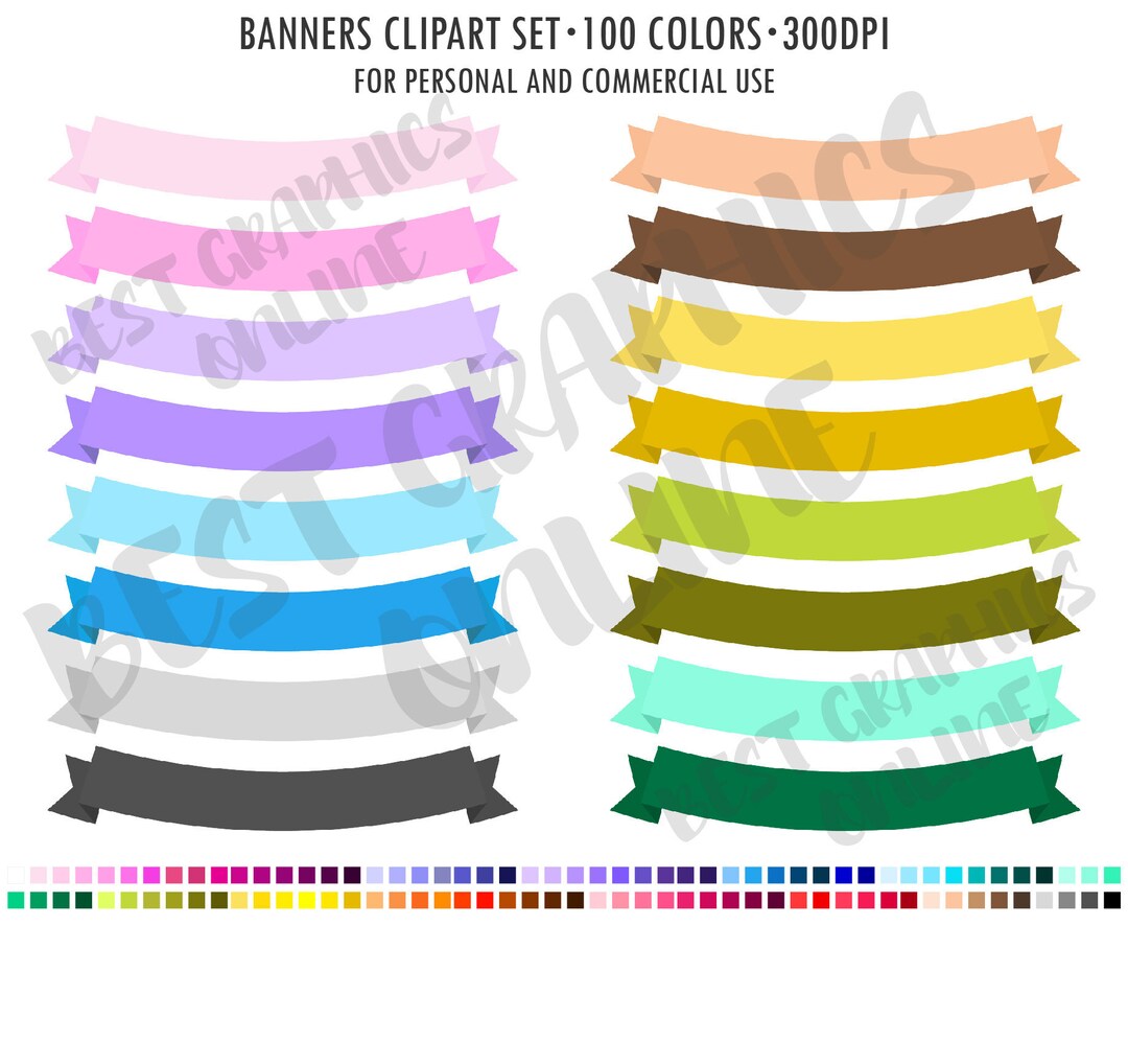 100 Banners Clipart Set, Rainbow Ribbon Banner Clipart, Rainbow Banners ...