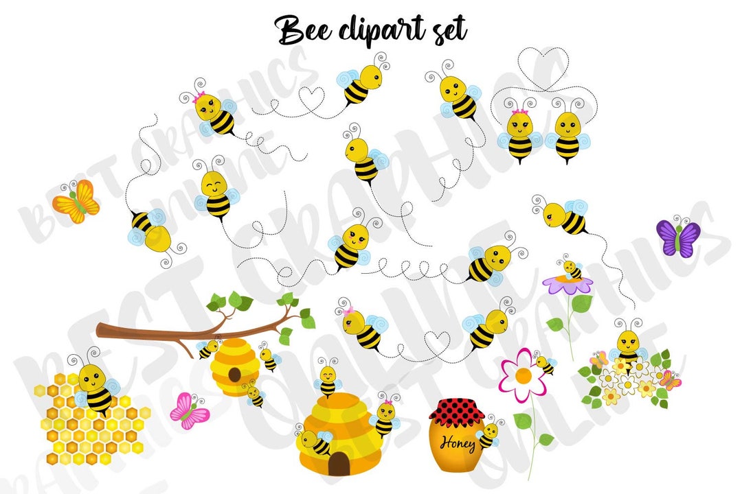 Honey Bee Clipart, Bumble Bees Clip Art Set, Honeycomb Clipart Graphic ...