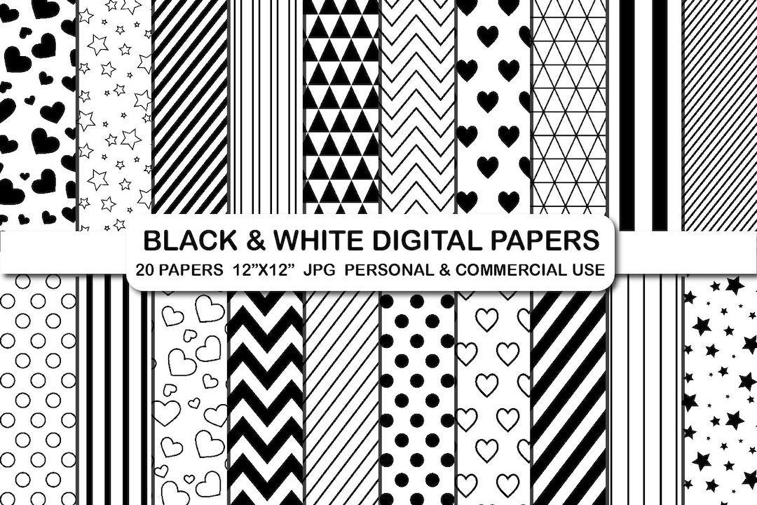 20 Black and White Digital Papers Set, Black and White Background ...