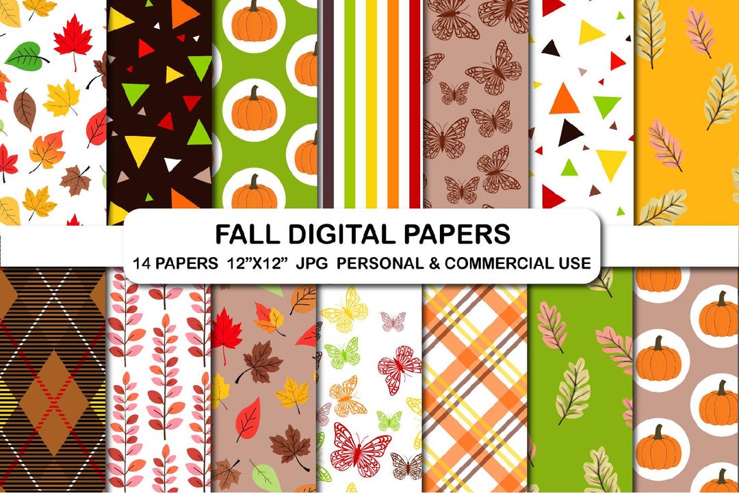 Fall Digital Papers Pack, Autumn Pumpkins Leaves Clipart (12x12 JPG) - Etsy