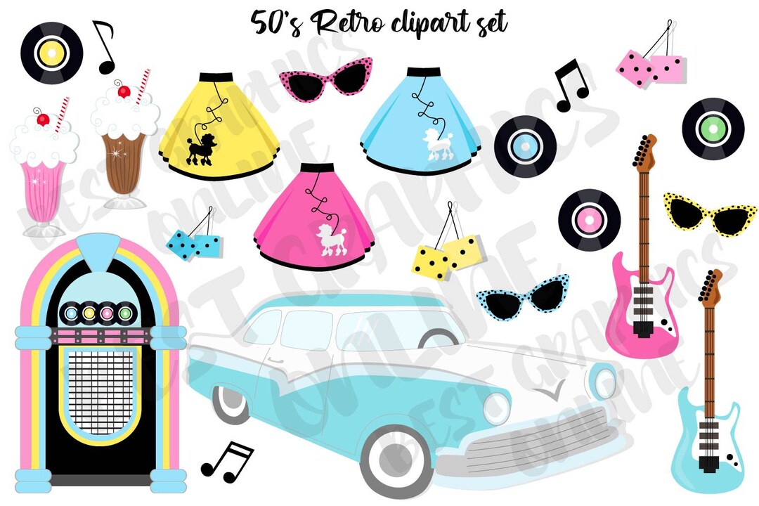 50's Retro Vintage Clipart, Vinyl Record Clipart, 50s Clipart Set ...