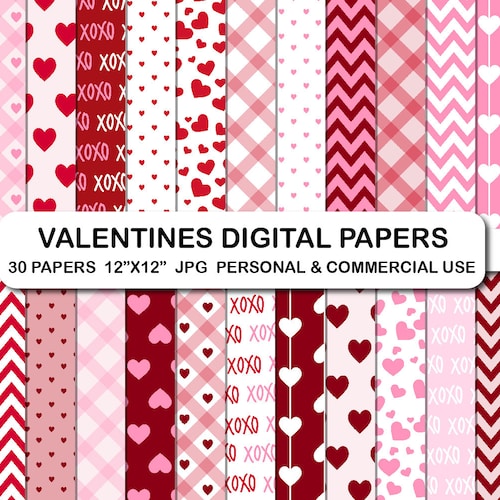 Sweet Heart Valentines Day Digital Papers in Red and Pink | Etsy