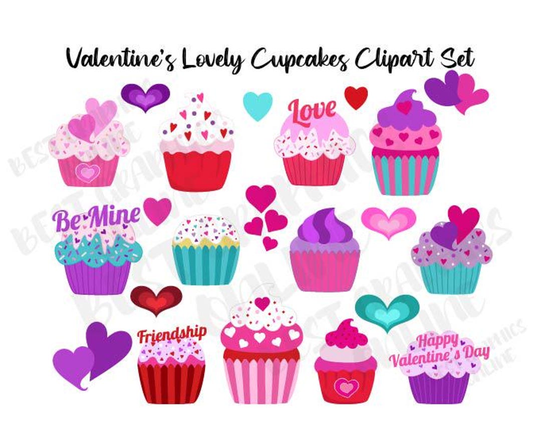 Lovely Cupcakes Clipart Set, Valentines Cupcakes Clipart, Love Pink ...