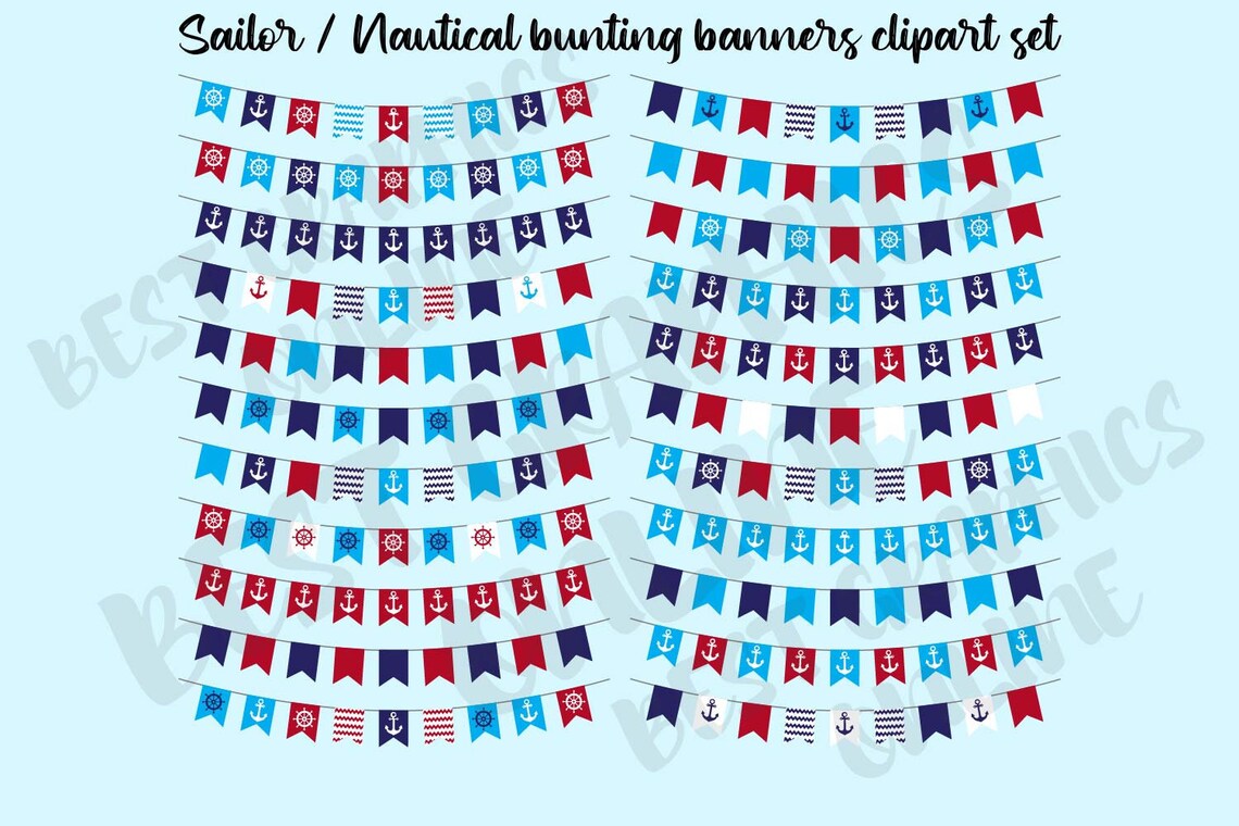 Nautical bunting banners clipart Sailor banner clipart set | Etsy